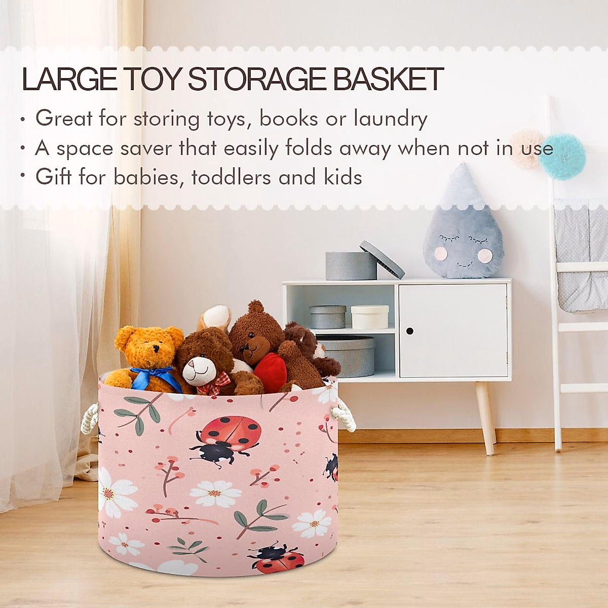 SDMKA Lady Bugs on Pink Laundry Basket Extra Large Storage Basket 20" x 14" Blanket Basket Toy Basket Decorative Cotton Rope Handle Laundry Hamper