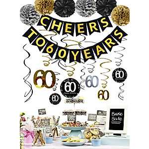 60th Birthday Party Decorations KIT - Cheers to 60 Years Banner, Sparkling Celebration 60 Hanging Swirls, Poms, Perfect 60 Years Old Party Supplies 60th Birthday Decorations