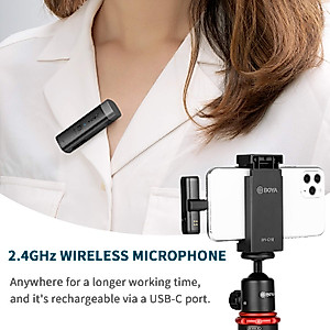 BOYA Wireless Lavalier Microphone System for iPhone Livestream, 2.4GHz Mic with Buit-in Battery & Charging Case for iPad, Tablets, DSLR Camera, Camcoder, Home Video Recording Vlog Interview