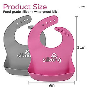 Silicone Bibs for Babies with Crumb & Drip Catcher Pocket | For Babies & Toddlers | Waterproof, Easy to Clean | 2 Colors Set (Pink/Gray)