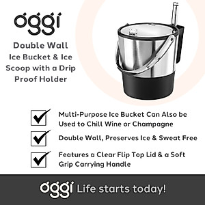 Oggi Insulated Ice Bucket, 4 Quart / 3.8 L, Stainless Steel, Black