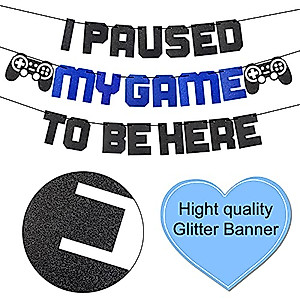 Video Game Party Supplies I Paused My Game To Be Here Banner, Blue Gaming Birthday Party Decorations for Boys, Glitter Game Theme Backdrop Sign Decor