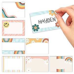 Hadley Designs 56 Retro Self Adhesive Name Tags Sticker for Kids - Name Tag Stickers for Kids Name Labels for School, Nametags Labels for Classroom Labels for Teachers, Sticky Name Tags for Clothes