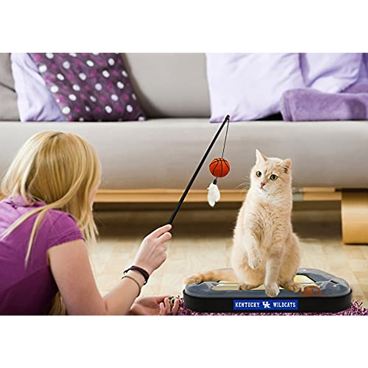 Cat Scratch Toy NCAA KENTUCKY Wildcats REVERSIBLE Basketball Court Felt/Cardboard Cat Scratcher Toy. Interactive Cat Ball Bell in Tracks. 6-in-1 CAT TOY: Cat Wand Poll, CATNIP-FILLED Plush Basketball