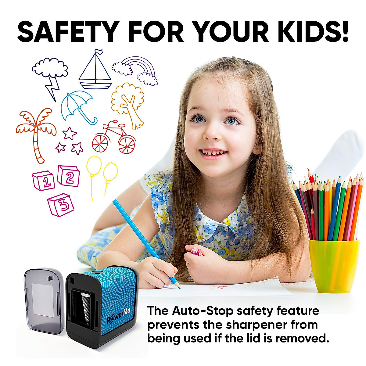 PowerMe Electric Pencil Sharpener - Battery Operated, for Home, Office, School, Artist, Students – Ultra Portable Automatic Pencil Sharpener, ideal for No. 2 And Colored Pencils (Drawing, Coloring)