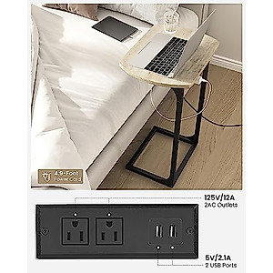 Hzuaneri C Shaped End Table with Charging Station, Bed Side Table with USB Port & Outlet, Couch Table, C Snack Table for Living Room, Bedroom, Greige and Black ET05105B