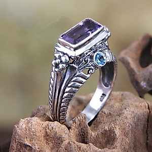 NOVICA Artisan Handmade Amethyst Blue Topaz Cocktail Ring Sterling Silver Purple Indonesia Birthstone [crownbezel 0.8 in L x 0.3 in W x 0.3 in H Band Width 4 mm W] ' Sea Temple'