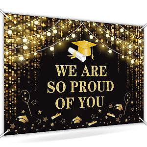 Avezano Graduation Party Backdrop Blak and Gold Graduation Party Decorations Proud of You Congrats Grad 2023 Photoshoot Background Banner Supplies (7x5ft)