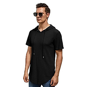 Sailwind Men's Waffle Knit Short Sleeve Hoodie Lightweight Hooded Pullover T Shirts, Black