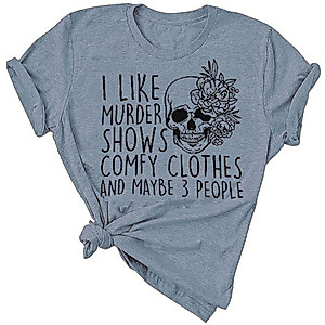 Women Horror Friends T Shirt Maybe 3 People Novelty Printed Short Sleeve I Like Murder Shows Graphic Classic Casual Party Comfy Clothes,Ink Blue XXL