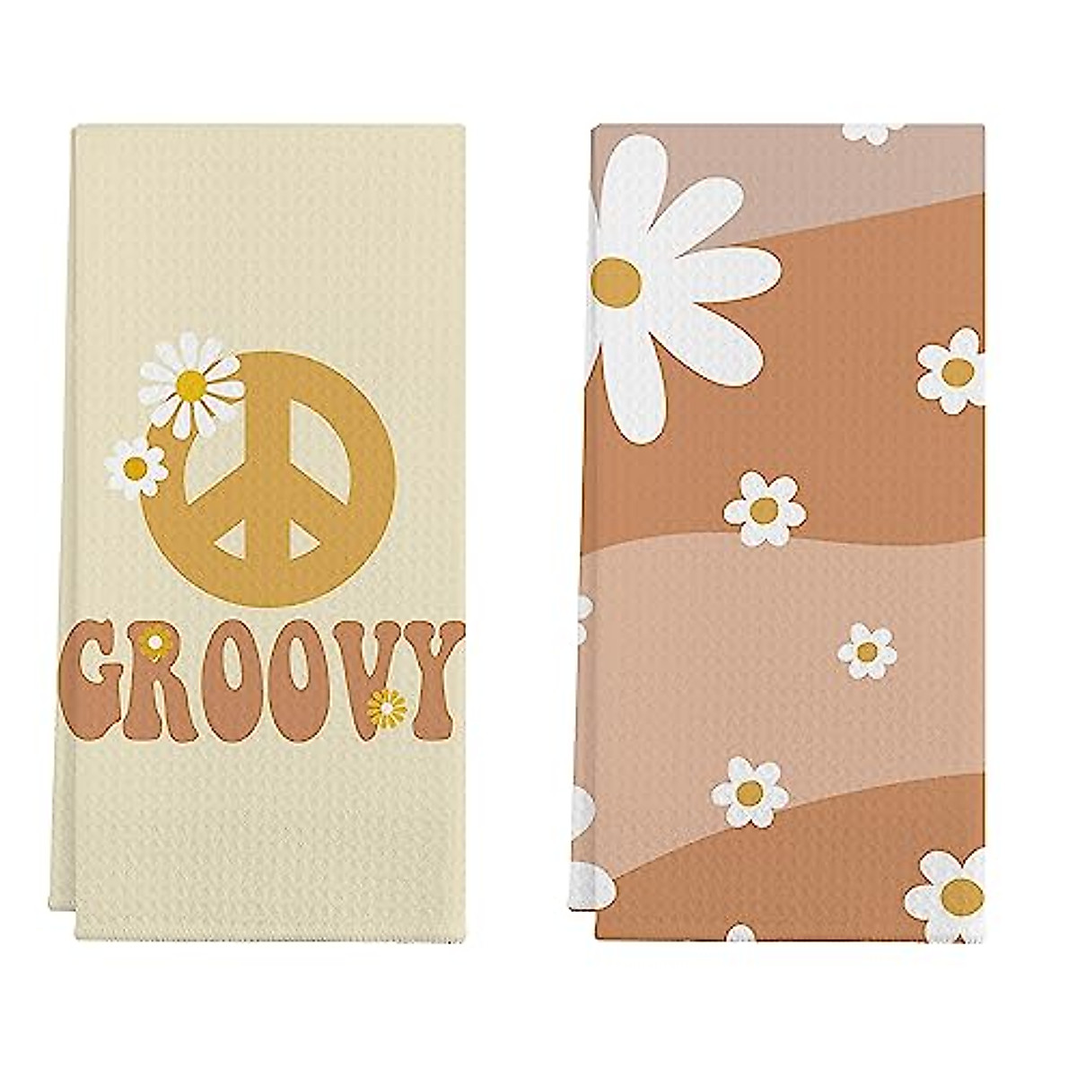 Groovy Retro 70s Hippie Boho Daisy Floral Peace Sign Kitchen Towels Set of 2,Cotton Modern 24 X 16 Inches Dish Towels Dishcloths,Dish Cloth Flour Sack Hand Towel for Farmhouse Kitchen Decor