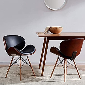 BELLEZE Set of 2 Mid Century Modern Dining Chairs, Upholstered Faux Leather Walnut Curved Back Contemporary Kitchen Dining Accent Chair, Minimalist Vintage Style - Avalon (Black)
