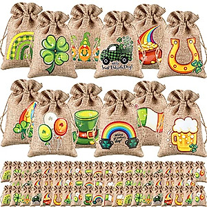 120 Pcs St. Patrick's Day Linen Gift Bag Irish Clover Burlap Bags with Drawstring Small Shamrock Goodie Bag Mini Holiday Treat Sacks Bulk Gifts for Coworkers Candy Party Favor, 12 Designs, 4 x 5.5''