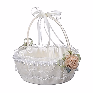NEOITY Wedding Flower Girl Basket, White Flower Basket with Handle, Elegant Satin Flower Basket Decorated with Lace, Peals and Bows for Wedding Ceremony Party Decoration(#1)