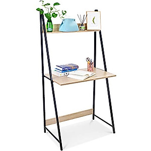 SpringSun 2-Tier Ladder Computer Desk with Storage Bookshelf, Modern Writting Table for Office and Home