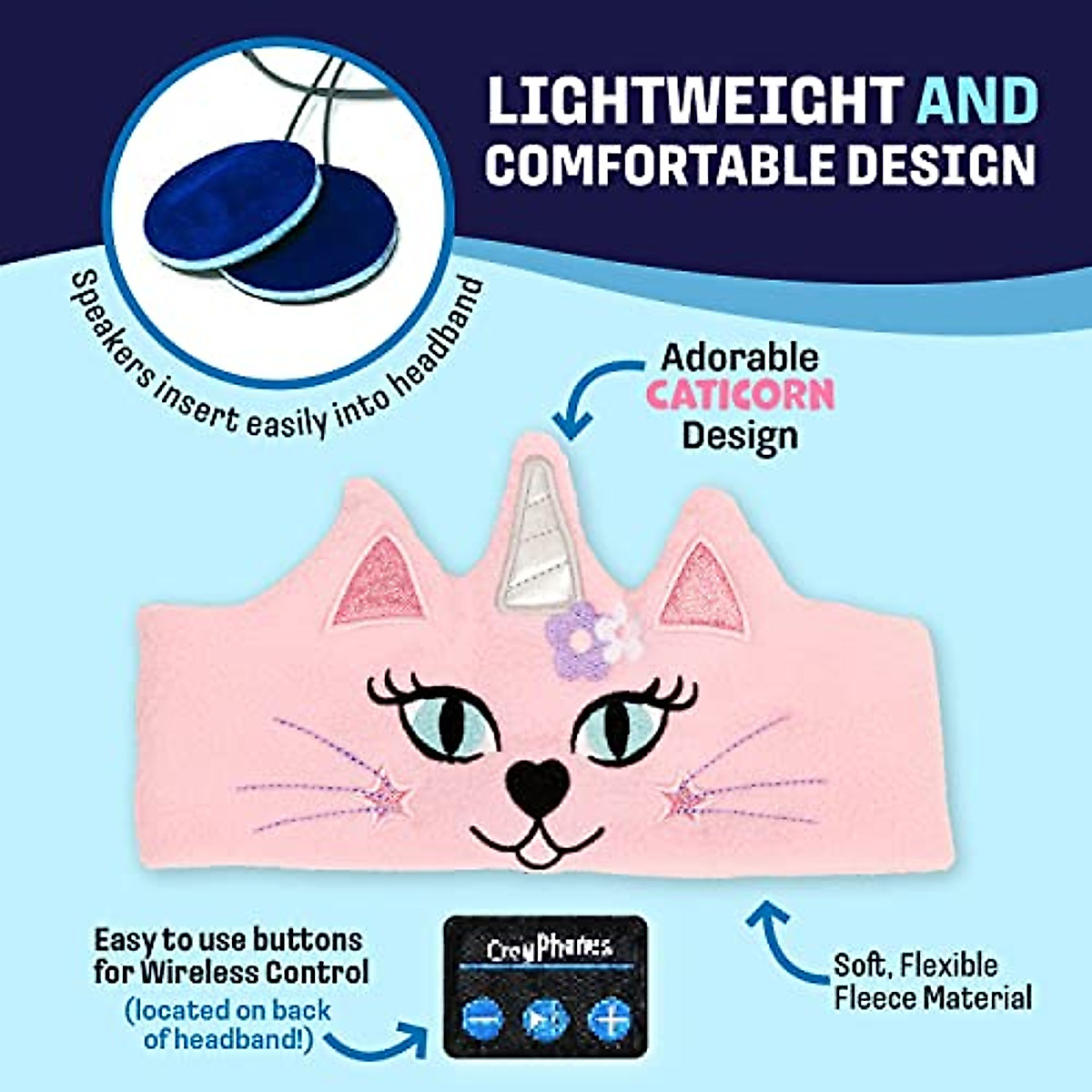 CozyPhones Kids Headphones, Headband Earphones for Children Baby & Toddlers 1-3, Stretchy & Comfy Travel Accessories - Wireless - Caticorn