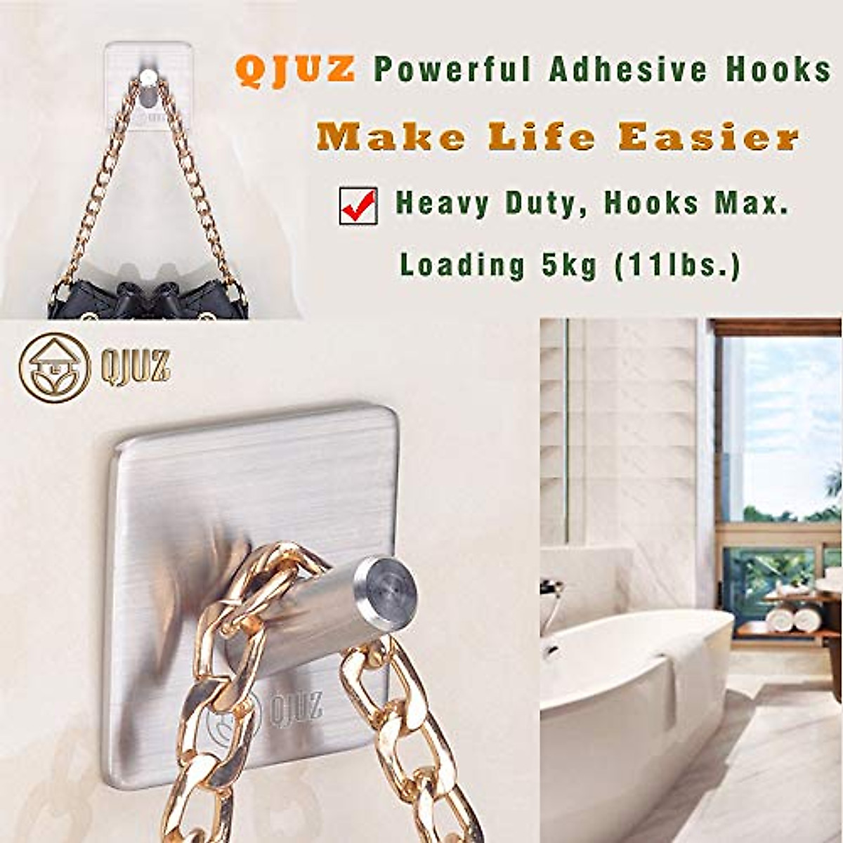 QJUZ Adhesive Hooks, Towels Hooks, Wall Hooks Heavy Duty SUS304 Stainless Steel Super Powerful Stick on Hooks, Bathroom Kitchen Organizer for Hanging Robes/Towels/Clothes/Hats/Keys (4Packs)