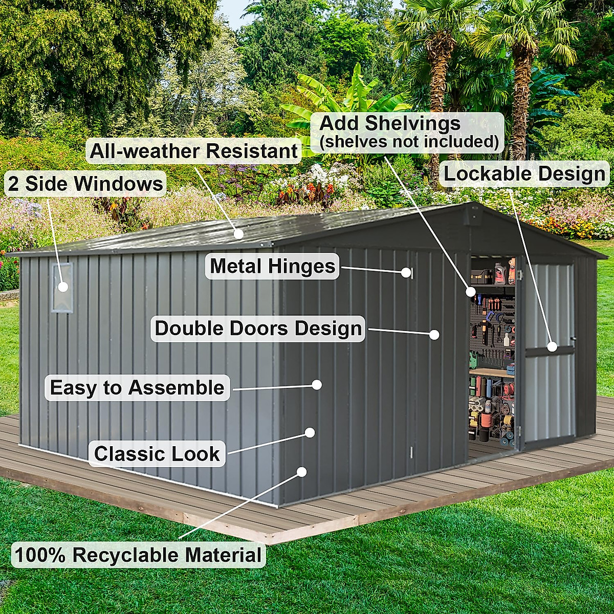 Domi 11x12.5FT Outdoor Storage Shed, Large Size Metal Outdoor Storage Cabinet with Lockable Doors, Windows, Galvanized Steel Storage House for Backyard, Patio, Garden, Lawn, Grey