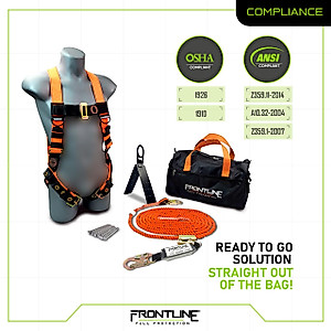 Frontline RK5PTB50 Combat™ Complete Roofers Kit with 50' Lifeline | Combat Economy Series Full Body Harness (Size: Universal) | Hinged Reusable Roof Anchor | OSHA & ANSI Compliant