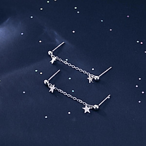 Reffeer 925 Sterling Silver Two Piercing Cute Ball Star Stud Chain Earrings Climber Ball Star Cuff Earrings Helix for Women Teen (Silver)