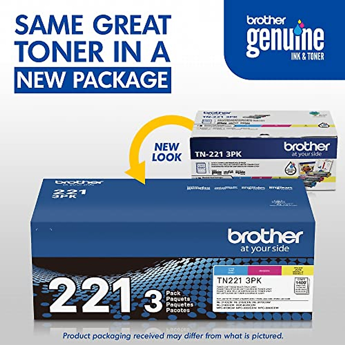 Brother Genuine Standard-Yield Toner Cartridge Three Pack TN221 3PK -Includes one Cartridge Each of Cyan, Magenta & Yellow Toner, Standard Yield (TN2213PK), Cyan, Magenta, Yellow