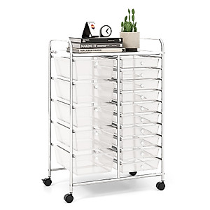 LDAILY 15-Drawer Rolling Storage Cart, Multipurpose Rolling Storage Cart, Storage Organizer on Wheels, Durable Metal Frame, Scrapbook Paper Tools, Suitable for Office School (Clear)
