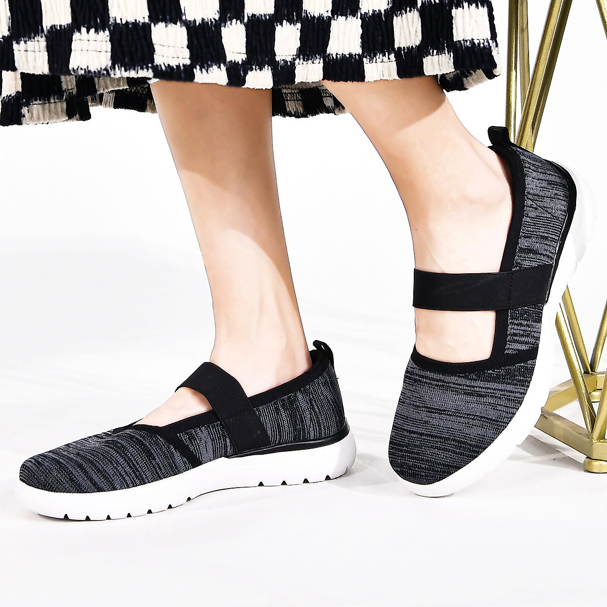 HONHOLD Women's Walking Shoes Mary Jane Nurse Sneakers Comfortable Slip On Nursing Shoes Non Slip Work Shoes Striped Black 7.5