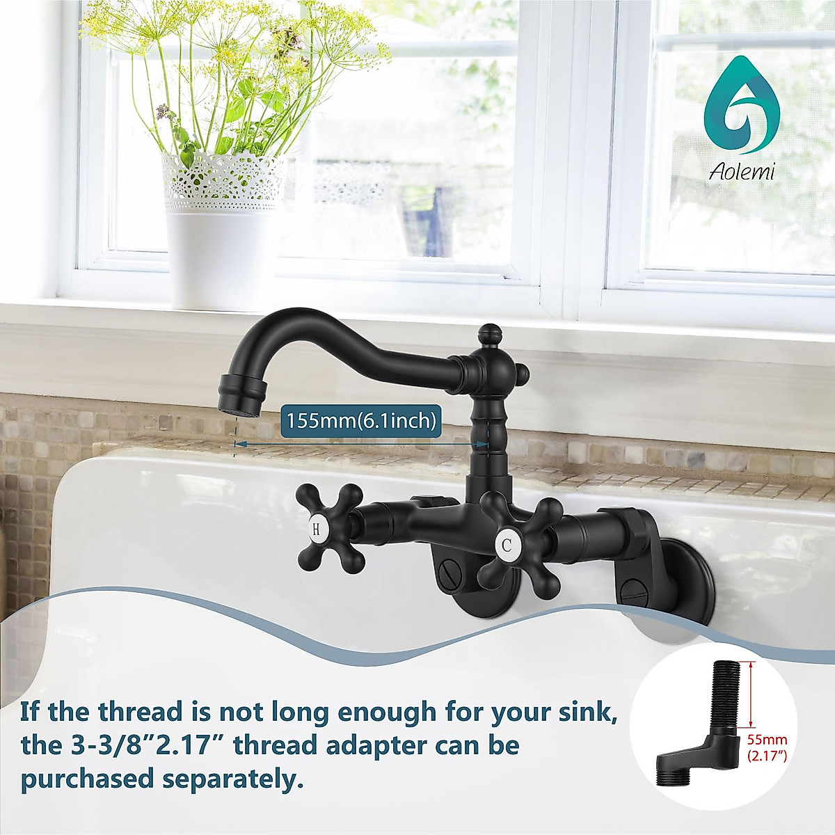 Aolemi Wall Mounted Kitchen Faucet Wall Mount Laundry Sink Faucet,with 2 Cross Handle and 6 Inch Spout,Adjustable Center 3 Inch to 9 Inch,Matte Black