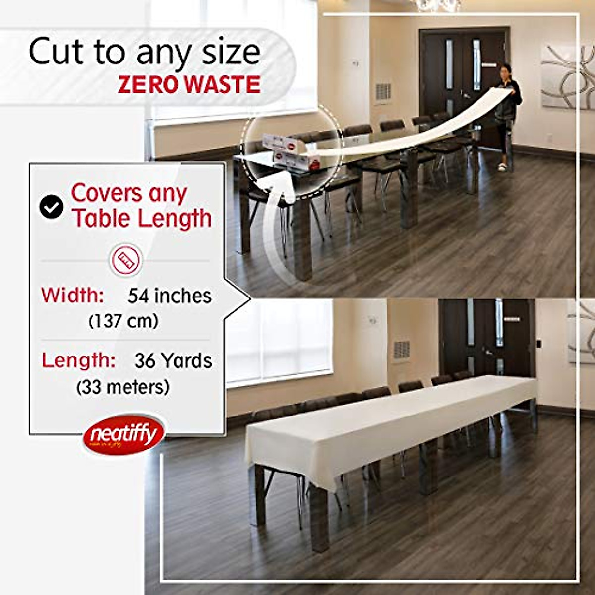 Neatiffy Disposable Plastic Table Cloth Roll | 54 in x 108 Ft Waterproof Tablecloth | Table Cover for Rectangle, Square, Round Oval Tables | Picnic, Party, Banquet, Birthdays, Weddings - White