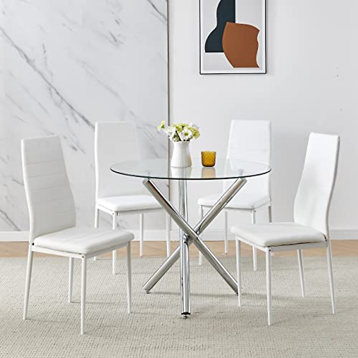 Rainbow Tree Round Dining Table and White Chairs Set 4 for Dining Room, Glass Dining Table with 4 Leather Padded Side Chairs, Comfortable & Space Saving for Home/Office