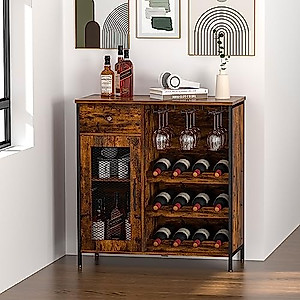 JKsmart Wine Bar Cabinet with 3-Tier Detachable Wine Rack and 1 Drawer, Industrial Sideboard and Buffet Cabinet with Glass Holder, Coffee Bar Cabinet with mesh Door for Home & Kitchen, Rustic Brown