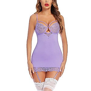 Avidlove Women Lingerie Teddy Bodysuit with Garter Belt Lace Babydoll Full Slips No Stockings (Light Purple, X-Large)