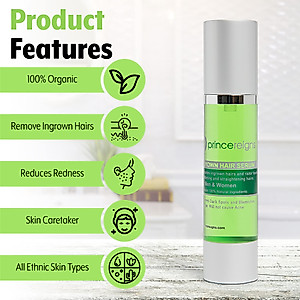 Princereigns Ingrown Hair Serum - Organic Razor Bump & Redness Solution for Men & Women, Ideal for Face, Bikini, Legs, Underarm, Prevents Future Ingrown Hairs, No Alcohol or Oils - 2 Fl. Oz