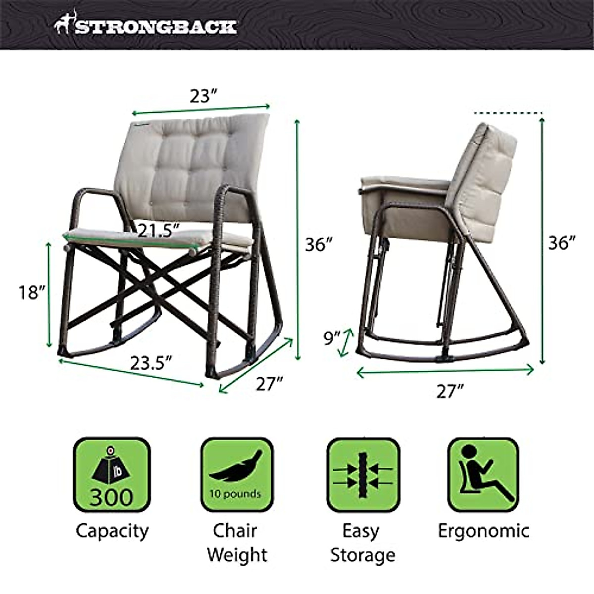 STRONGBACK Outdoor Patio Rocker, Portable Folding Rocking Chair with Lumbar Support, Great Outdoor Chair for Patio Furniture, Balcony, Camping, and Lawn, Single