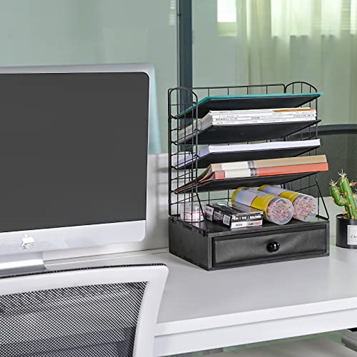 5-Trays File Organizer with Drawer,Mesh Desk Organizers,Letter Tray Paper Organizer,Height Adjustable File Holder for Office School Home（Black）