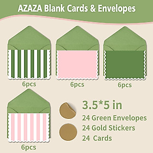 AZAZA Blank Cards and Envelopes 24 Pack,3.5x5 Mini Striped Greeting Cards,Blank Note Cards for Baby Shower,Wedding Thank You Cards,Bridal Shower,Small Quick Notes (Pink and Green)