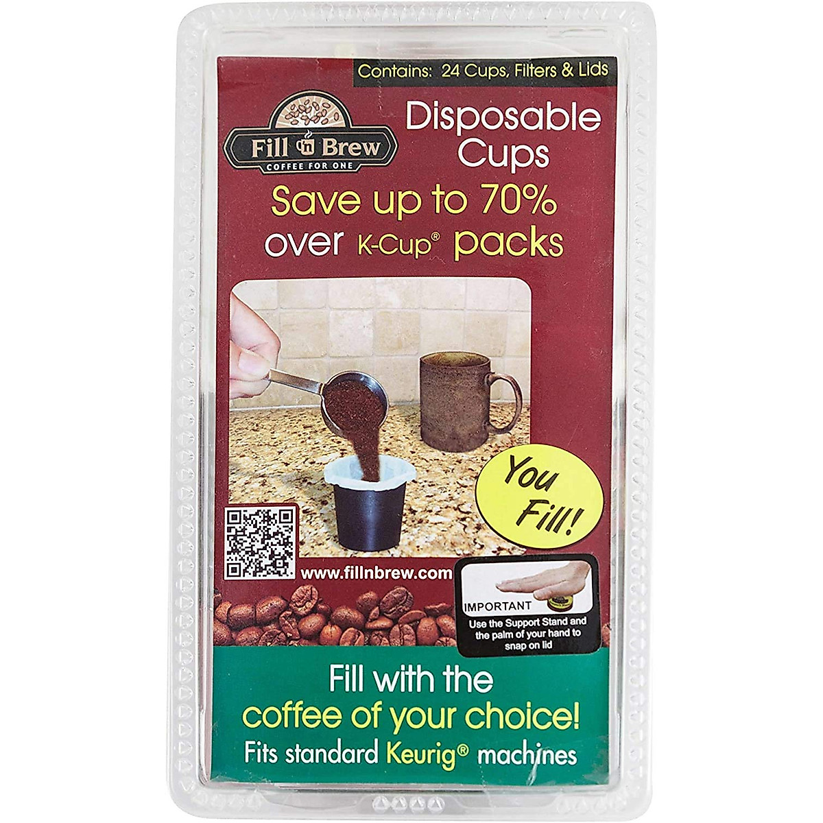 Fill 'n Brew Individual Disposable Coffee Pods for use with Coffee Makers: 24 fillable coffee pods, filters & lids
