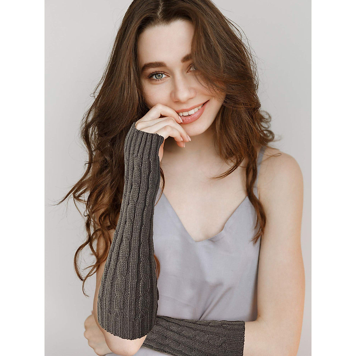 4 Pairs Knitted Arm Warmers Gloves Winter Long Fingerless Gloves Thumb Hole Gloves Mittens for Women and Men (Black, Dark Gray, Wine Red, Coffee)