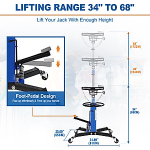 Iglobalbuy Transmission Jack Lift 1322lbs, 2 Stage Adjustable Telescoping Hydraulic Transmission Jack, High Lift Dual Telescopic Trans Jacks Hoist w/Pedal, 34" to 68" Lifting Range
