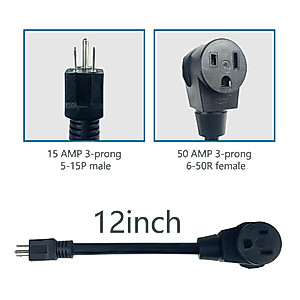 Welding 15A to 50A Adapter Cord 5-15 Male Plug to Welding 6-50 Female Receptacle， 12inch