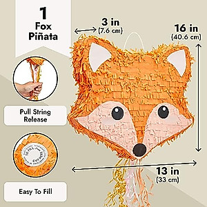 BLUE PANDA Pull String Fox Pinata for Woodland Baby Shower Decorations, Birthday Party (Small, 16 x 13 x 3 In)