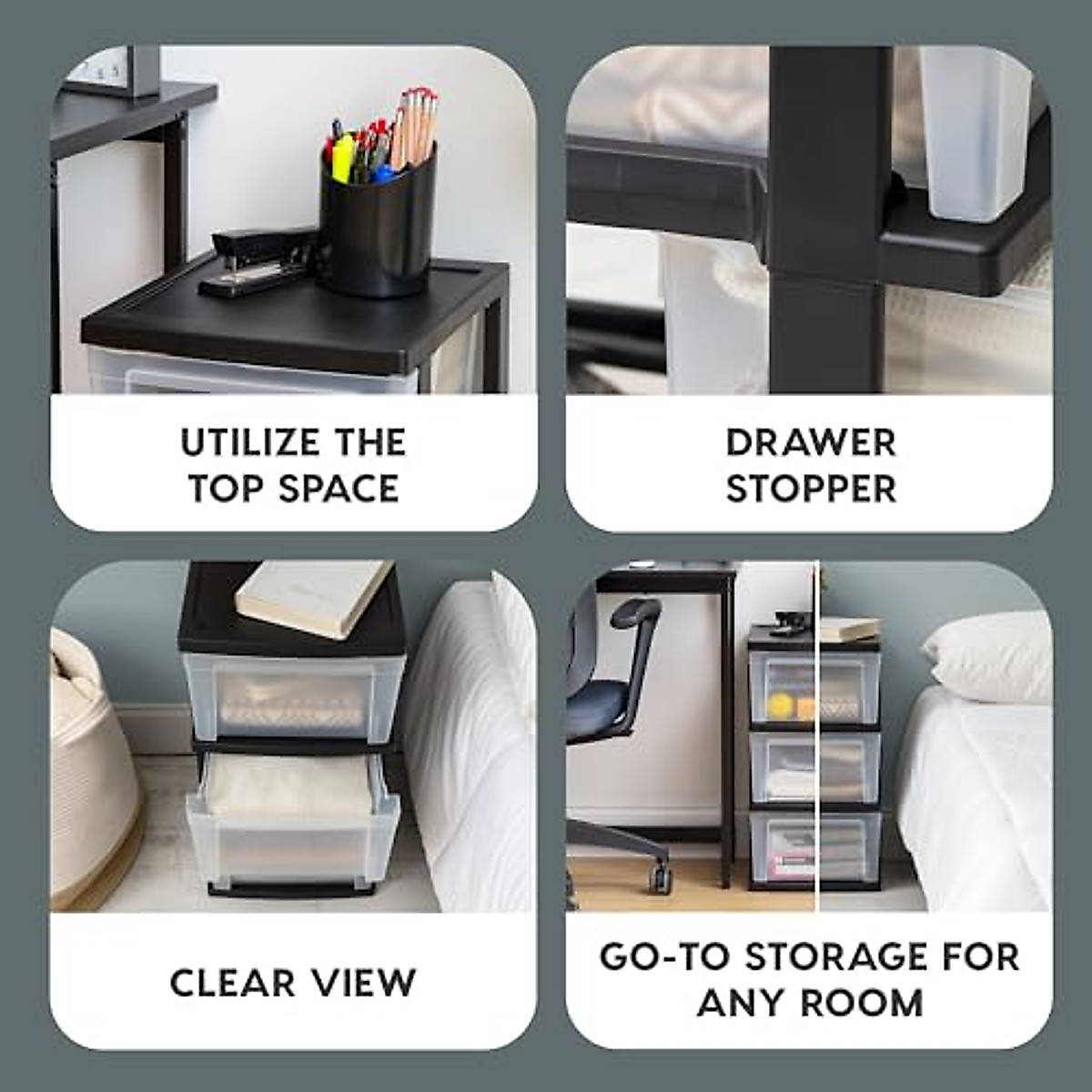 IRIS USA 3-Drawer Plastic Storage Dresser, 2-Pack, Standing Organizer Storage Container Bin with Drawers for Clothes Crafts Classroom Bedroom Dorm, Black/Clear