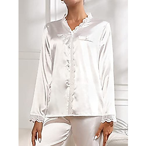 MakeMeChic Women's Satin PJ Set Silk Lace Trim Button Down Shirt and Pants Pajama Set White S