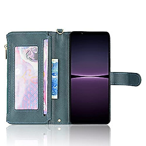 YJZSKRXFAK Magnetic Zipper Wallet Leather Case with Lanyard for Sony Xperia 1 III Cash Pocket with 6-8 Card Slots Holder Wrist Strap Cover for Sony Xperia 1 III Green
