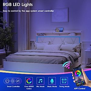 Full Size Bed Frame with Storage Headboard and 4 Drawers, Platform Bed Frame with Charging Station & RGB Lights, Noise-Free, Heavy Duty Wood Slats, No Box Spring Needed, Noise-Free