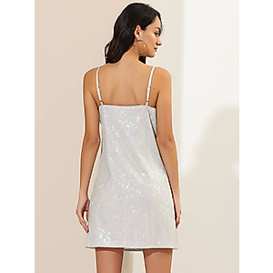 Allegra K Women's Glitter Sequin Dress V Neck Spaghetti Strap Halloween Mini Party Dress Clubwear Large White (with Pinks)