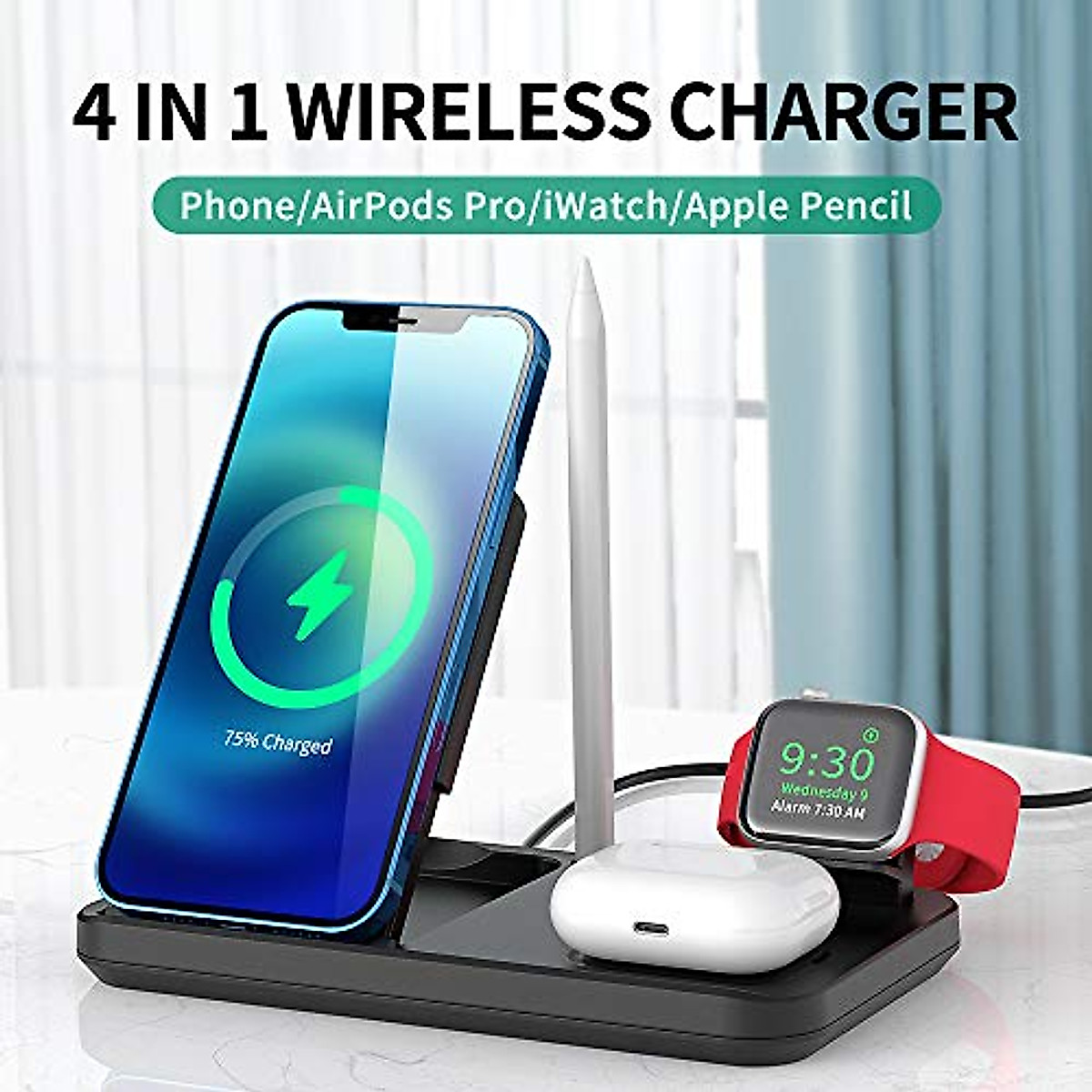 Wireless Charger, 4 in 1 Charging Station Compatible with Magsafe Charger iPhone 12, Apple Watch Series 6, Apple Pen Charger, Airpods Wireless Charger (Black)