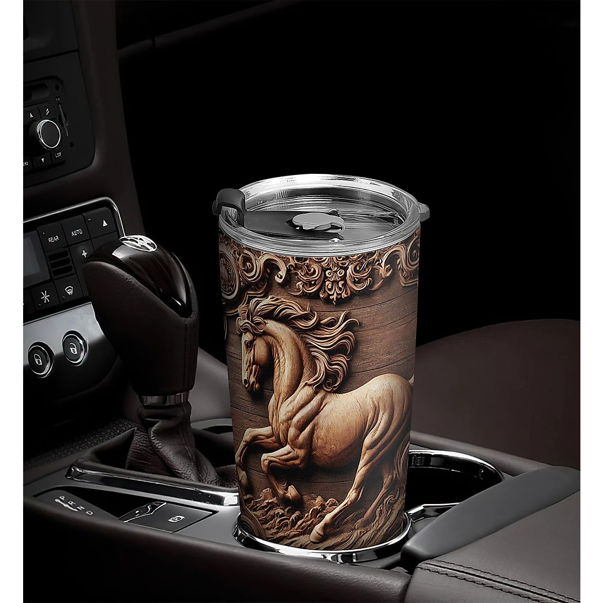 20oz Printed Wooden Horse Tumbler, Equestrian Gifts for Horse Lovers, Country Horses Coffee Thermos for Men, Women, Stainless Steel Double Wall Vacuum Insulated Coffee Mug, Travel Cup with Lid