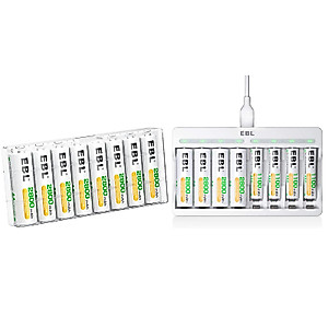 EBL Rechargeable AA Batteries 2800mAh (12 Pack) and AAA Ni-MH Rechargeable Batteries 1100mAh (4 Pack) with 8-Bay AA AAA Individual Battery Charger
