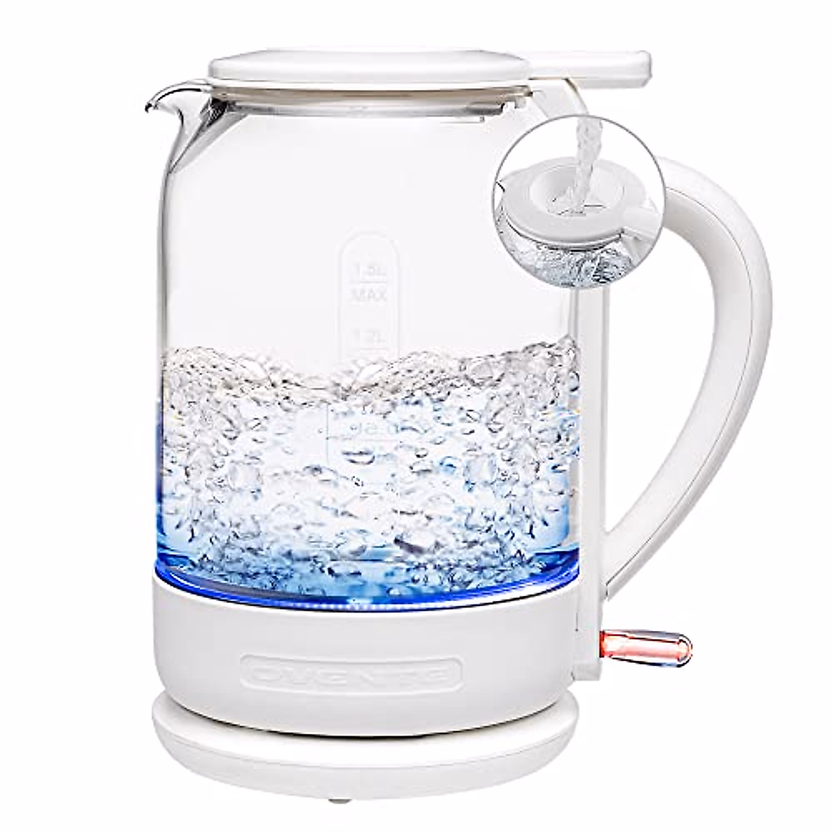 OVENTE Electric Glass Kettle 1.5 Liter 1500W Instant Hot Water Boiler Heater with ProntoFill Tech, Boil-Dry Protection, Automatic Shut Off, Fast Boiling for Tea & Coffee, White KG516W